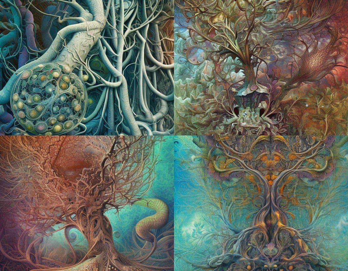 An ultra hd detailed painting of many different types of trees by ...