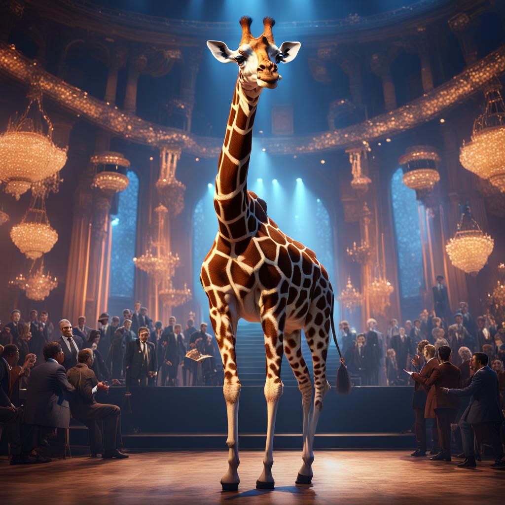 A tall giraffe standing on a stage wearing a suit and tap dancing - AI ...