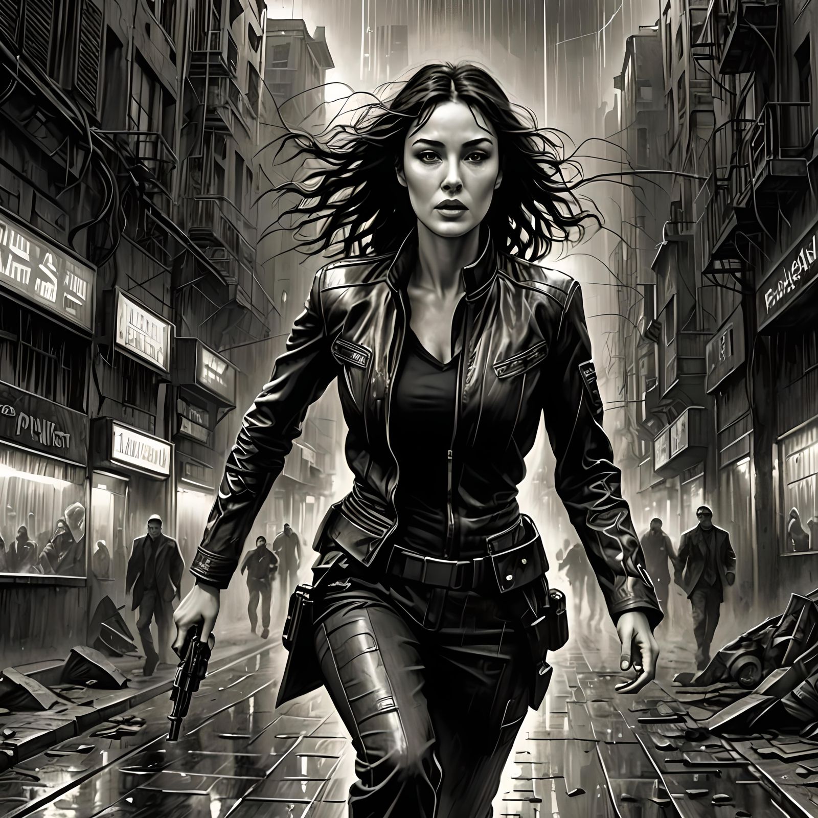 Beautiful Monica as a bladerunner, running after a suspect in the ...