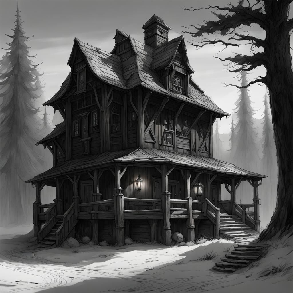 Dark, inn, two-story, roadside, attached stable, isolated, wood ...
