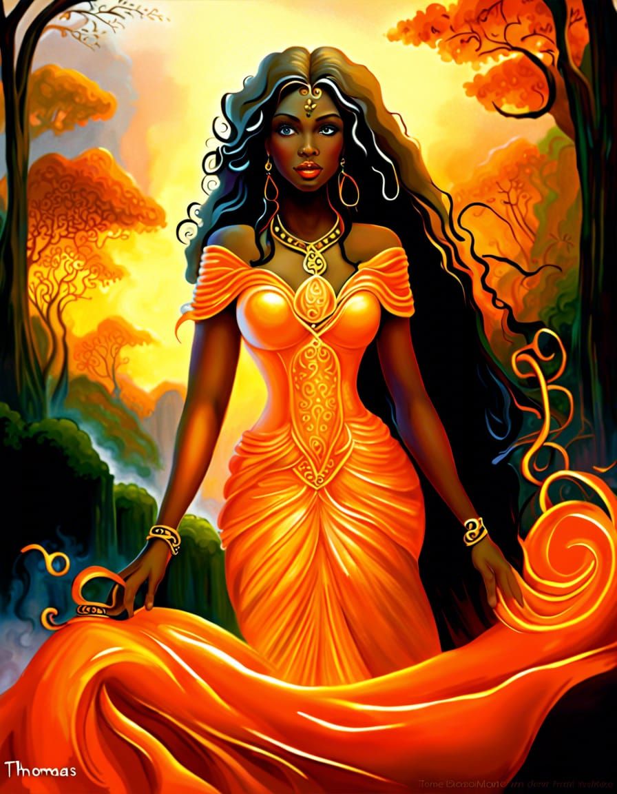 Ebony Goddess of Orange, long wavy hair, full orange eyes & lips. ethereal fantasy hyperdetailed ...