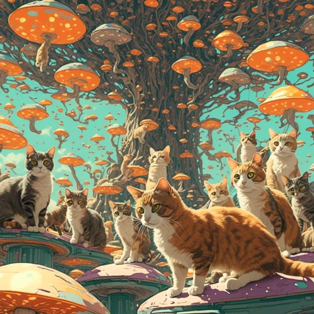 Group of cats in a world of floating mushrooms - AI Generated Artwork ...