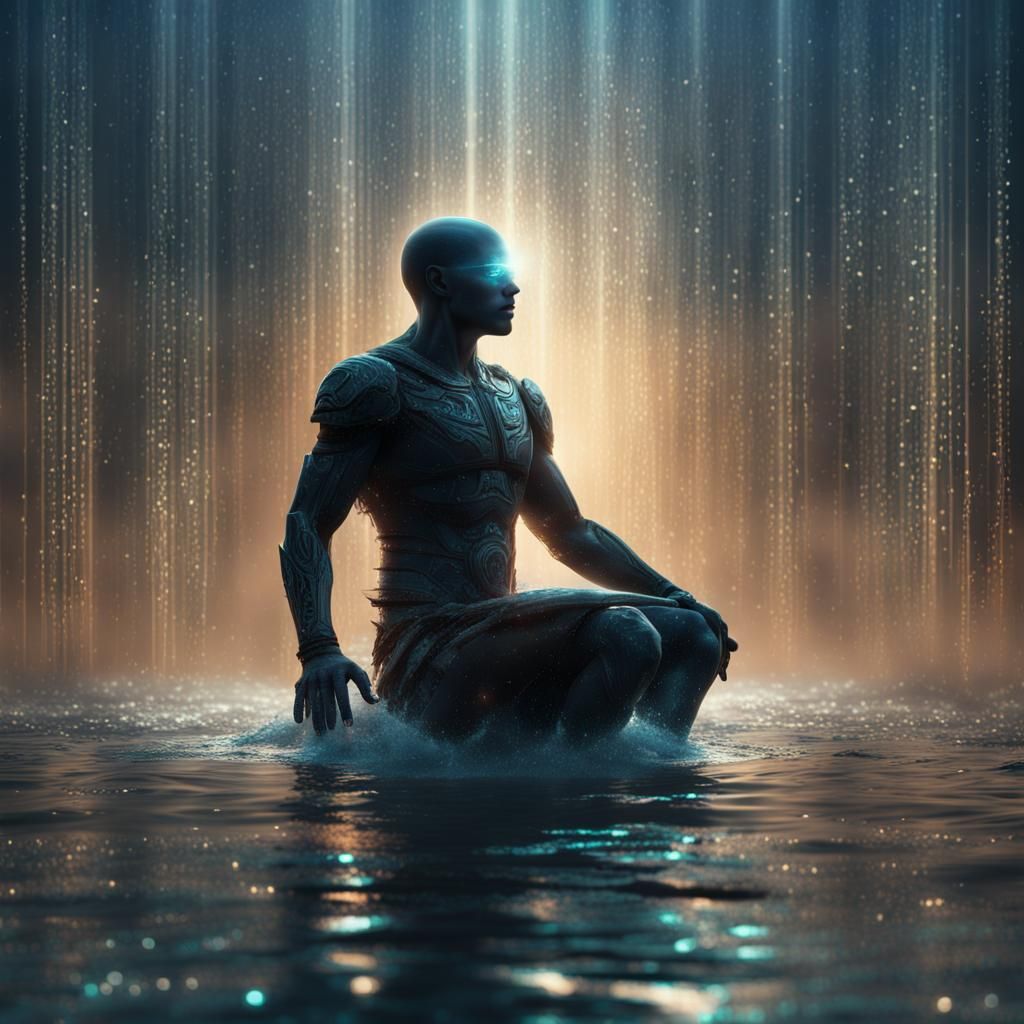 A TRANSLUCENT HOLOGRAPHIC BLACK GOD KNEELING IN THE OCEAN OF THE MATRIX ...