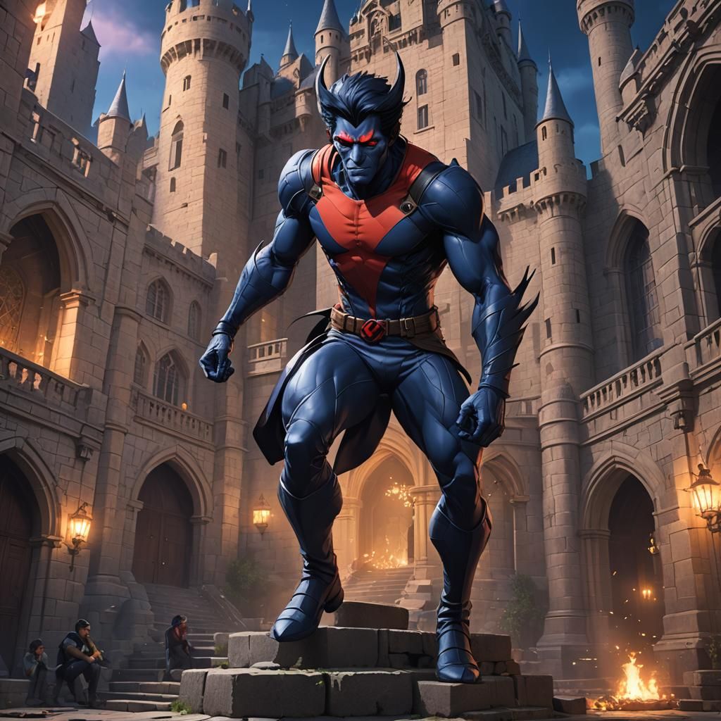 the nightcrawler of the xmen, in a castle By artist "anime", 3d anime ...