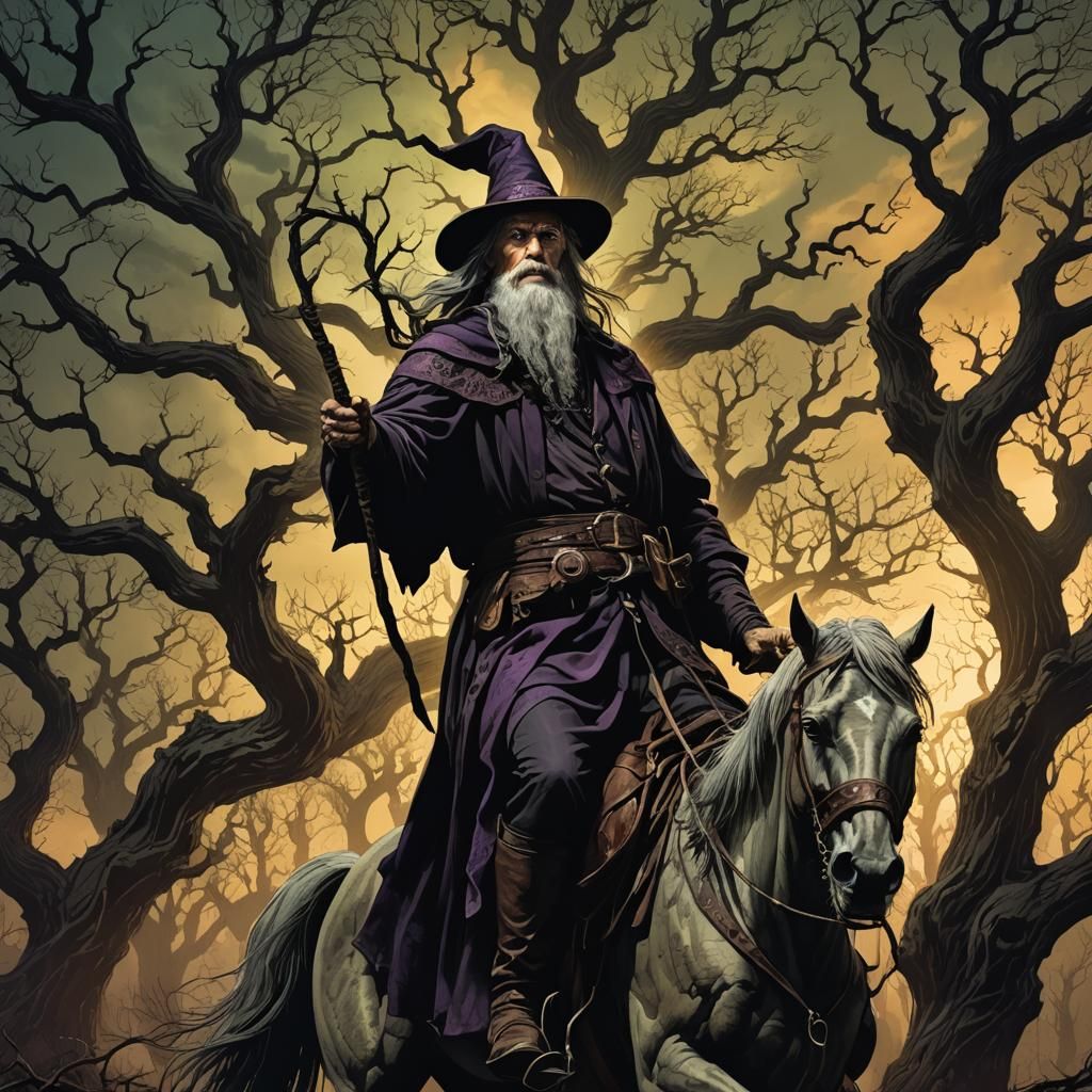 Fleeing the fire - Dark Fantasy Wizard in Eerie Western Land...