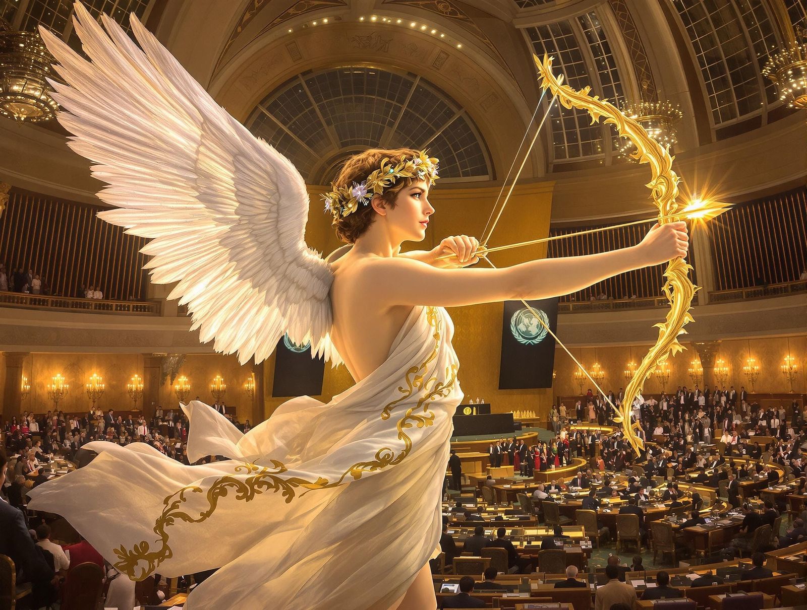 Cupid, attired in a resplendent, flowing white toga with delicate ...