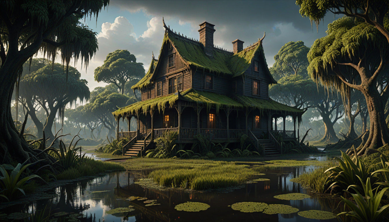 Epic Swamp Mansion in Mysterious Depths - AI Art