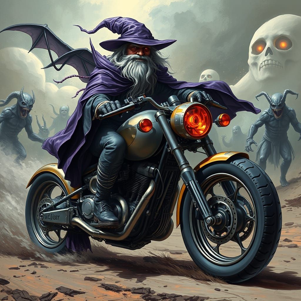 Wizard on a Cyberpunk Motorcycle - AI Art