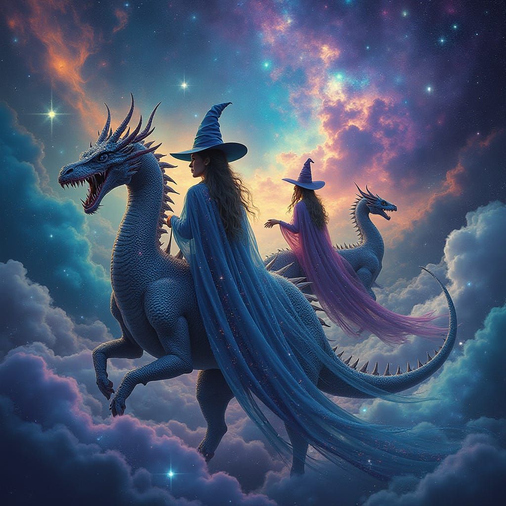 Witches riding dragons - Mystical Witches Ride Celestial Dra...