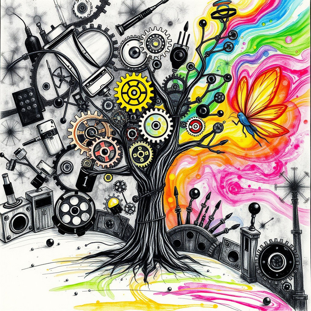 Steampunk Gear trees, Kids Crayon drawings ,surreal child's drawing ...