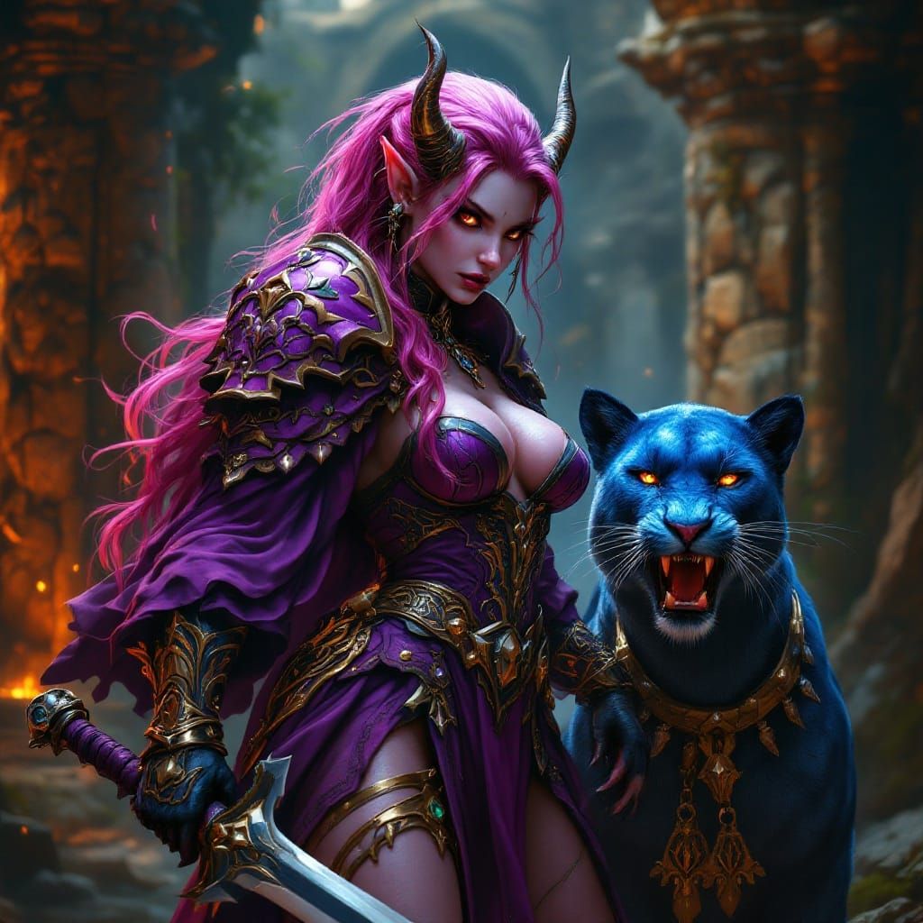 Regal Tiefling Beast Master in Vibrant Purple Armo... - AI Art
