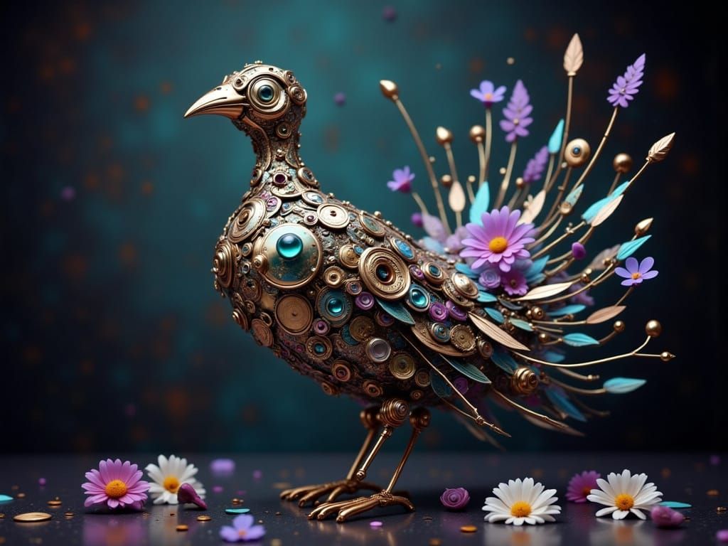 The image features a large, metallic bird with intricate mechanical ...