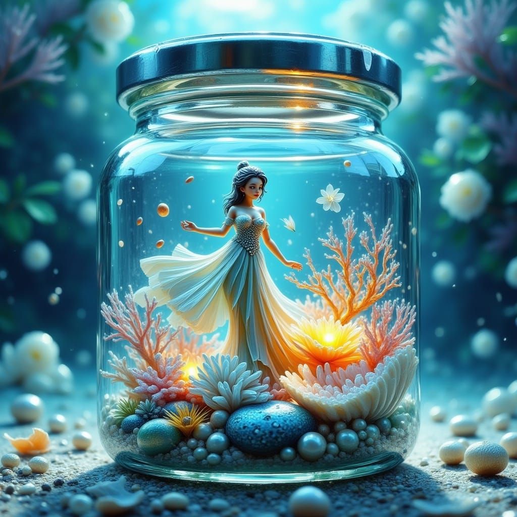 Ethereal Glass Jar Scene with Aqua Man in an Under... - AI Art