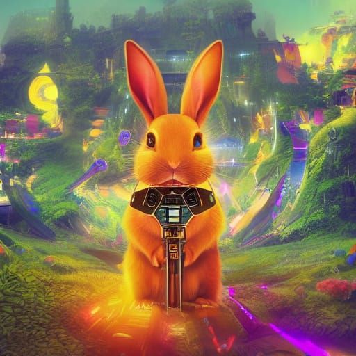 Solarpunk Utopia with Glowing Rabbit and Futuristi... - AI Art