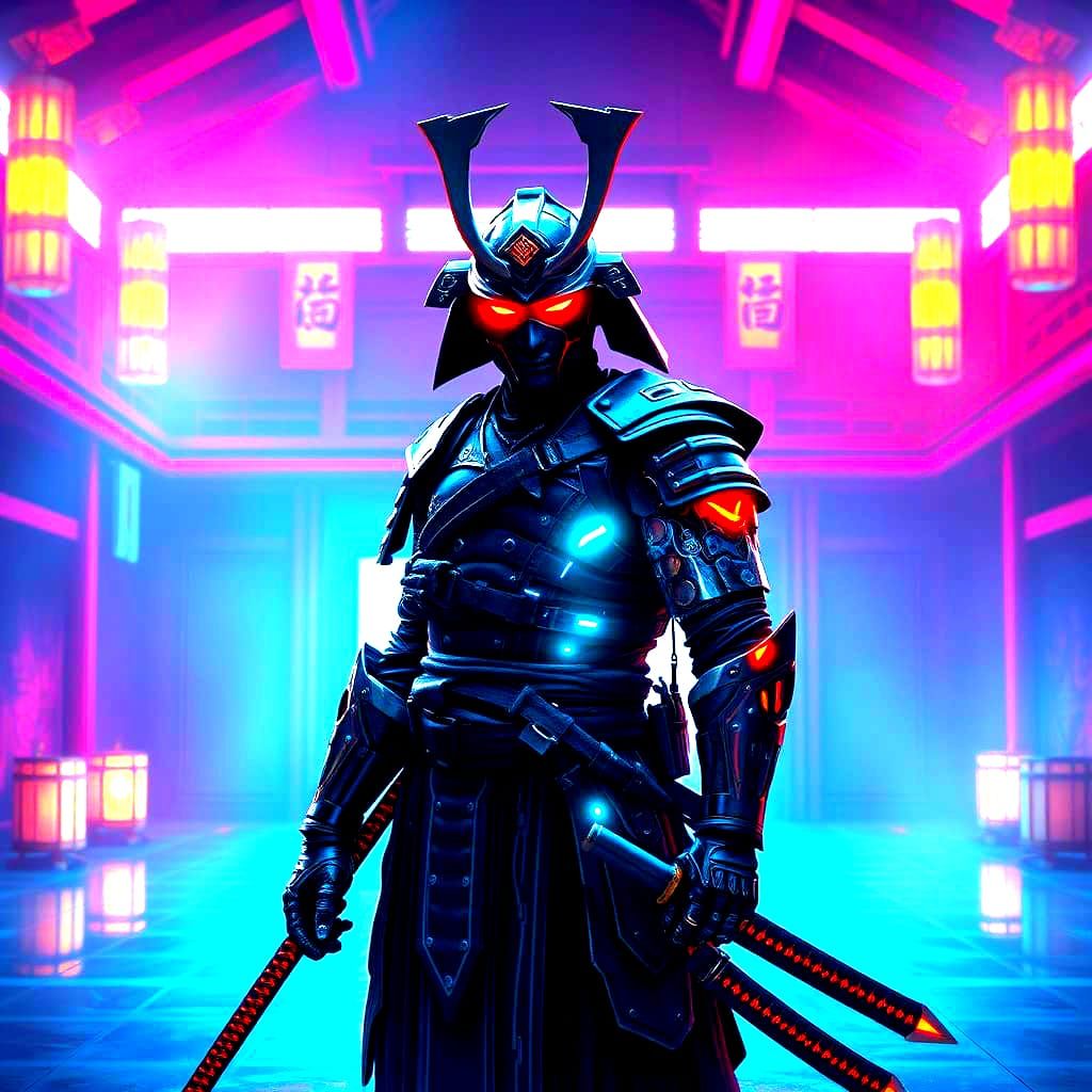 Cybernetic Samurai Warrior Guards Futuristic Dojo - AI Art