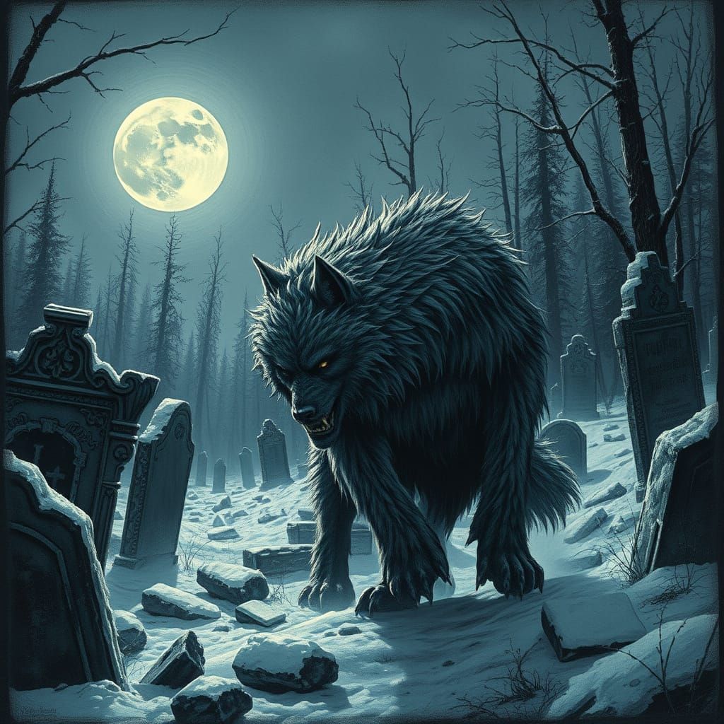 Werewolf in a Haunting, Snowy Cemetery Scene, in t... - AI Art