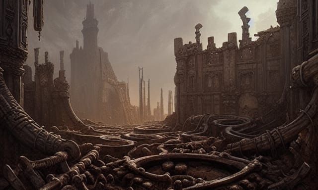 ancient castle made of bones flesh and metal inside hell ...