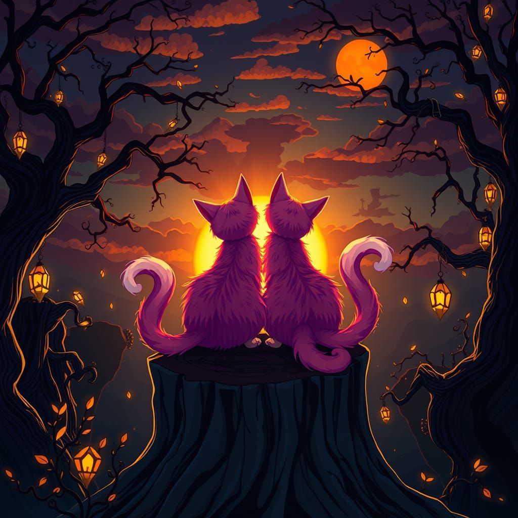 Fantasy Felines Watch Sunset Amid Gothic Silhouett... - AI Art