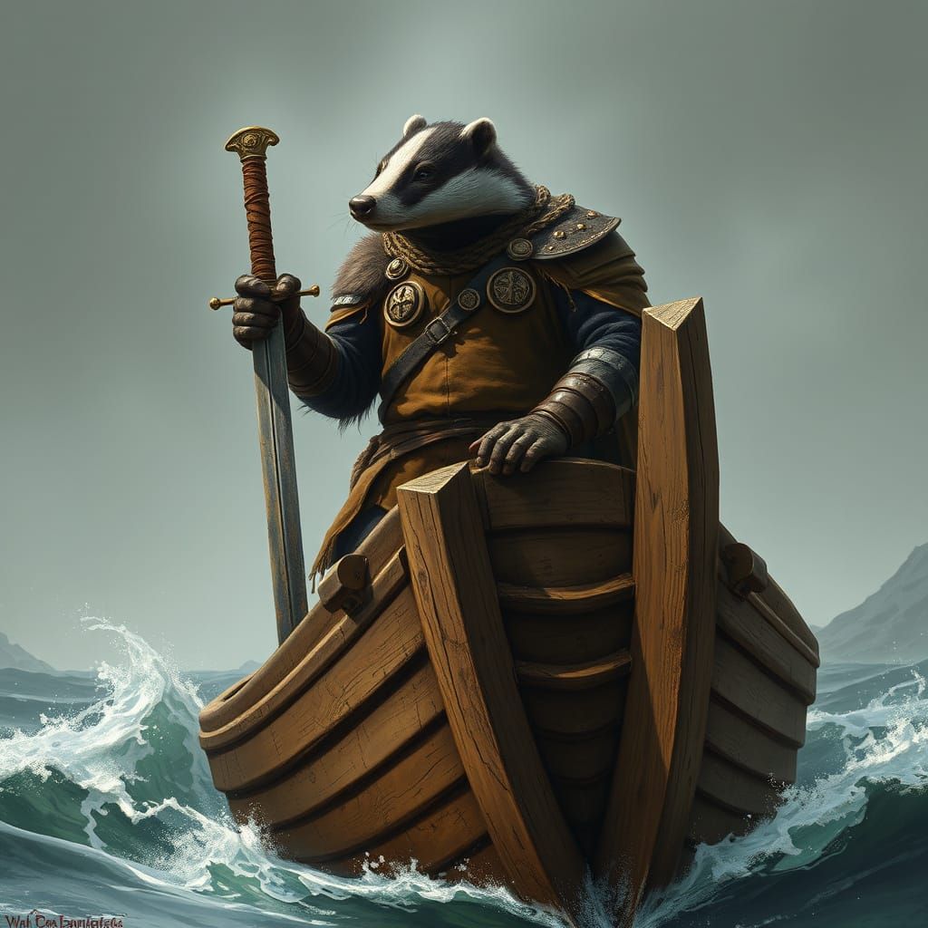 Epic Badger Warrior at the Helm of a Stormy Longbo... - AI Art