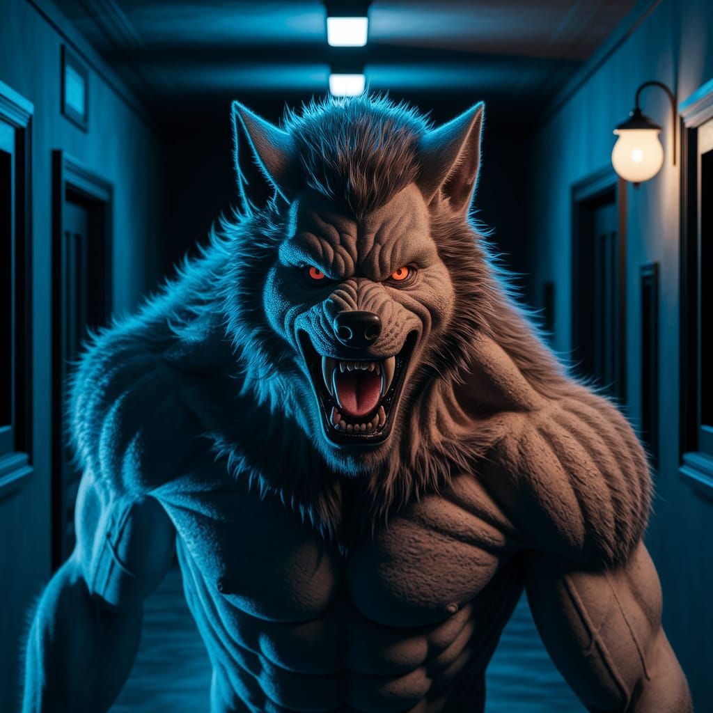 Dark Hallway Reveals a Snarling Werewolf in Night ... - AI Art