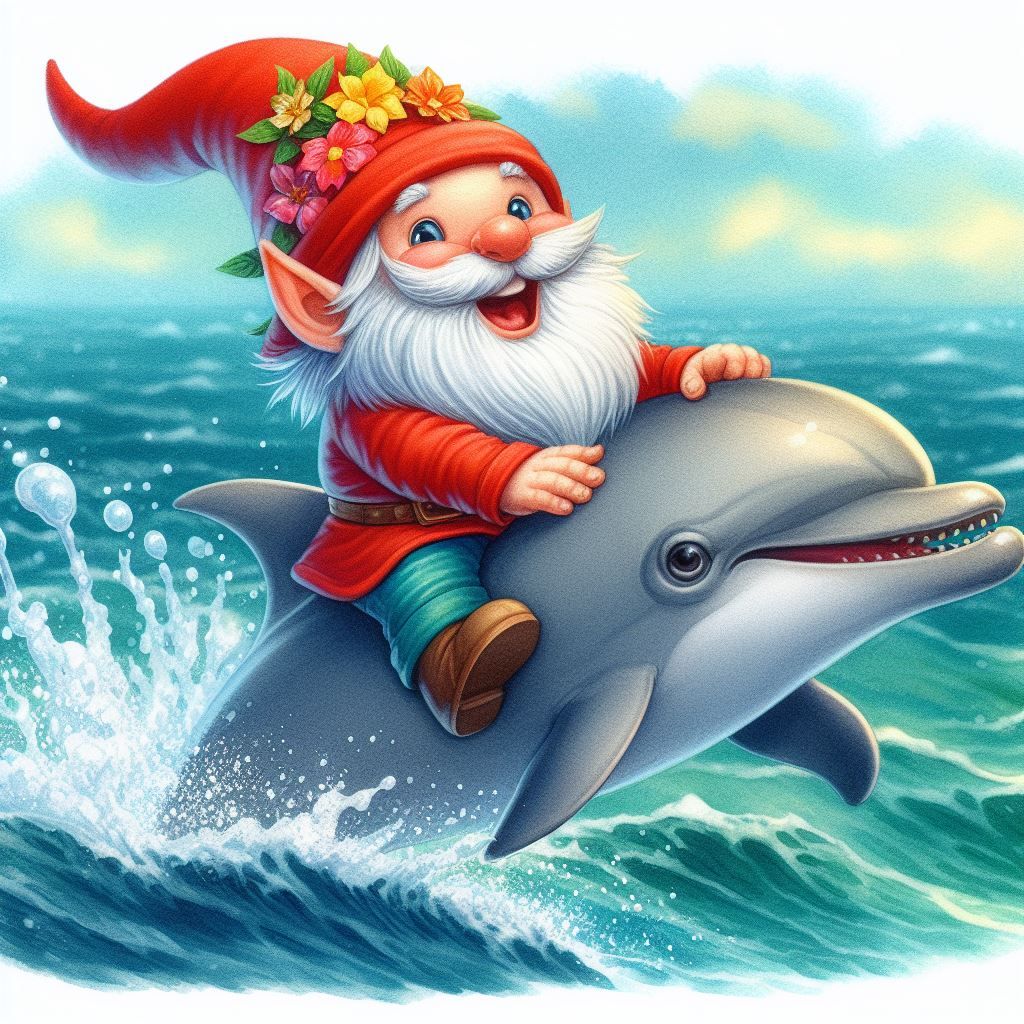 Happy Gnome Riding Dolphin - AI Generated Artwork - NightCafe Creator