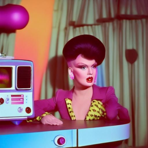 Anthropomorphized pompadour hairdo; woman in lurid 4k technicolor hyper ...