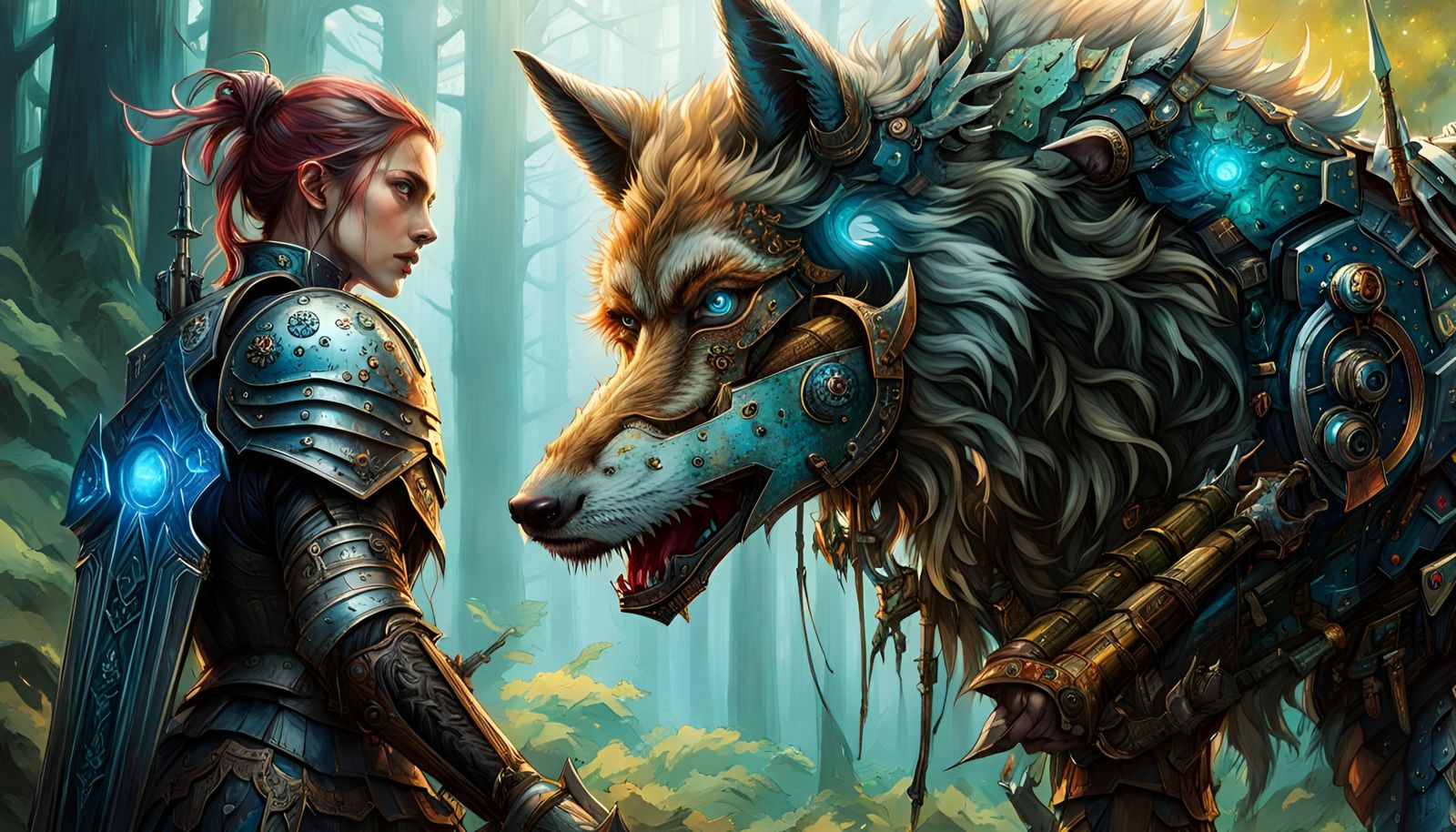 Medieval knight and her cyberwolf - AI Generated Artwork - NightCafe Creator