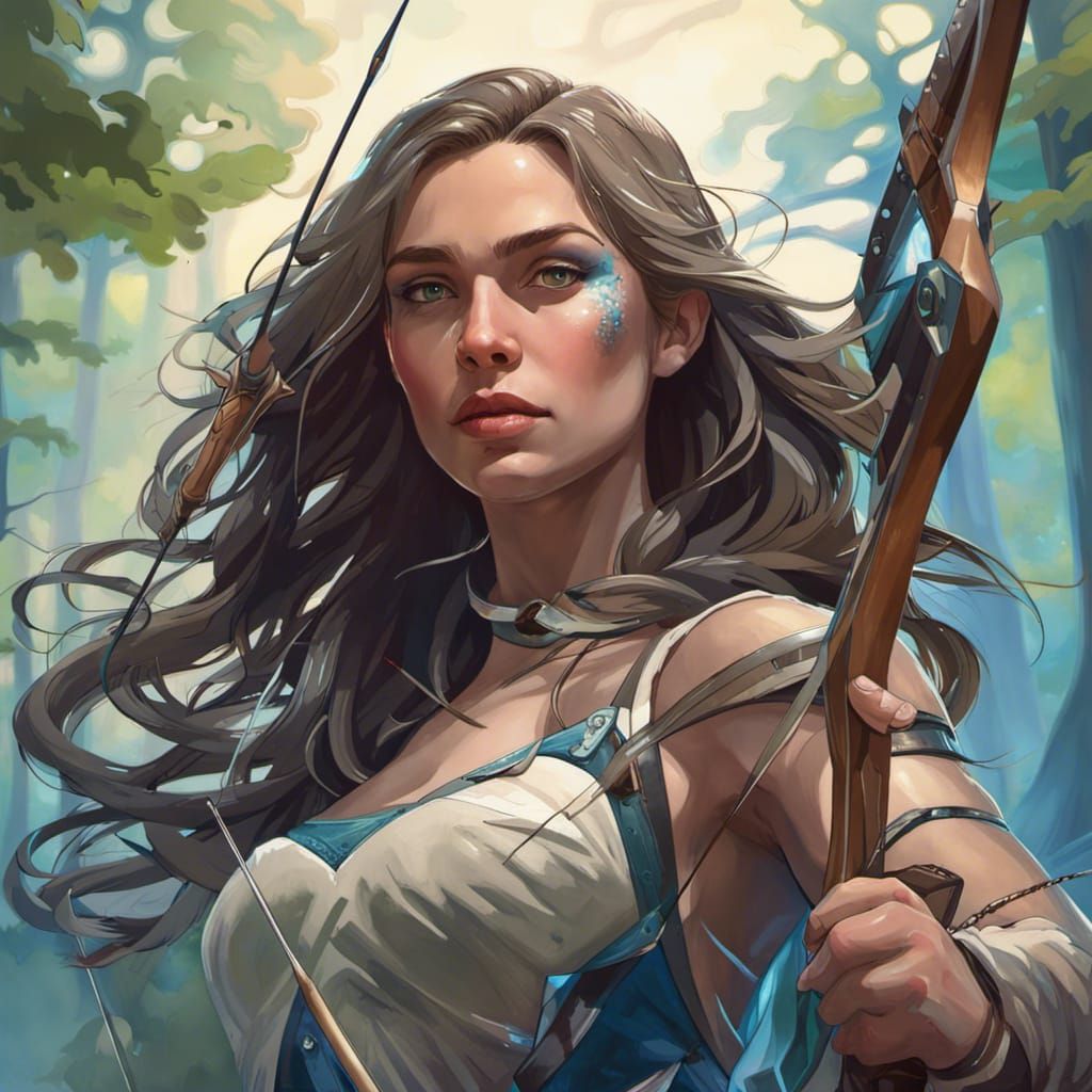 Huntress with a bow and arrow in the forest with a blue sky - AI Generated Artwork - NightCafe ...