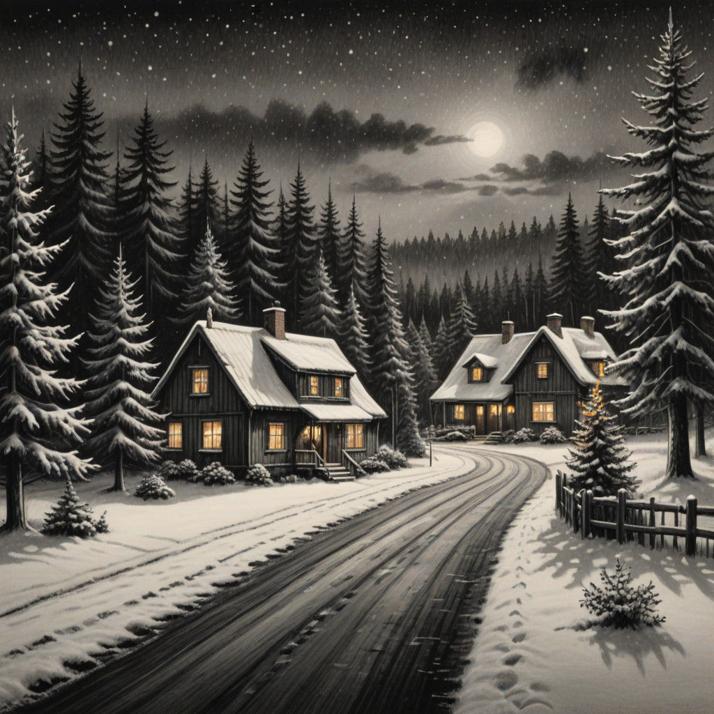 Christmas tree farm at night - Vintage-Style Charcoal Landsc...