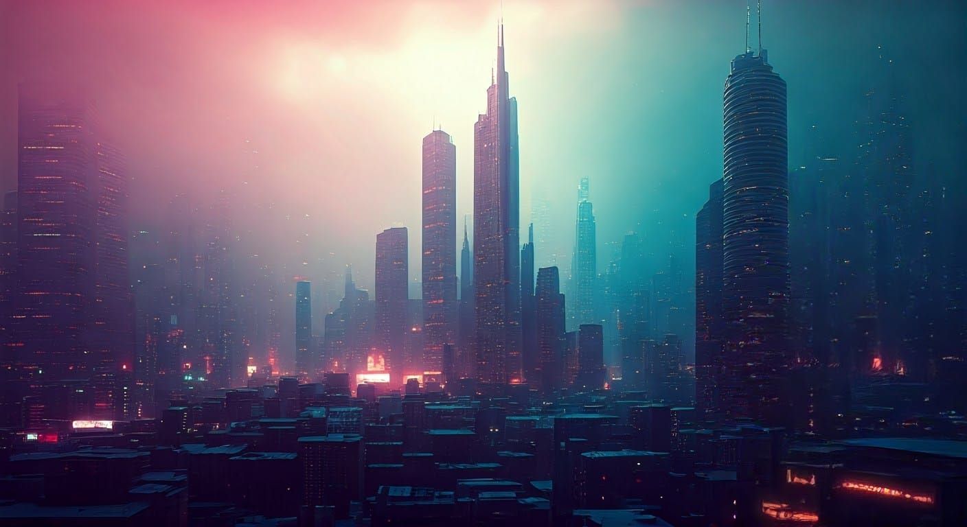 Futuristic Cityscape Emerging from Iridescent Fog - AI Art