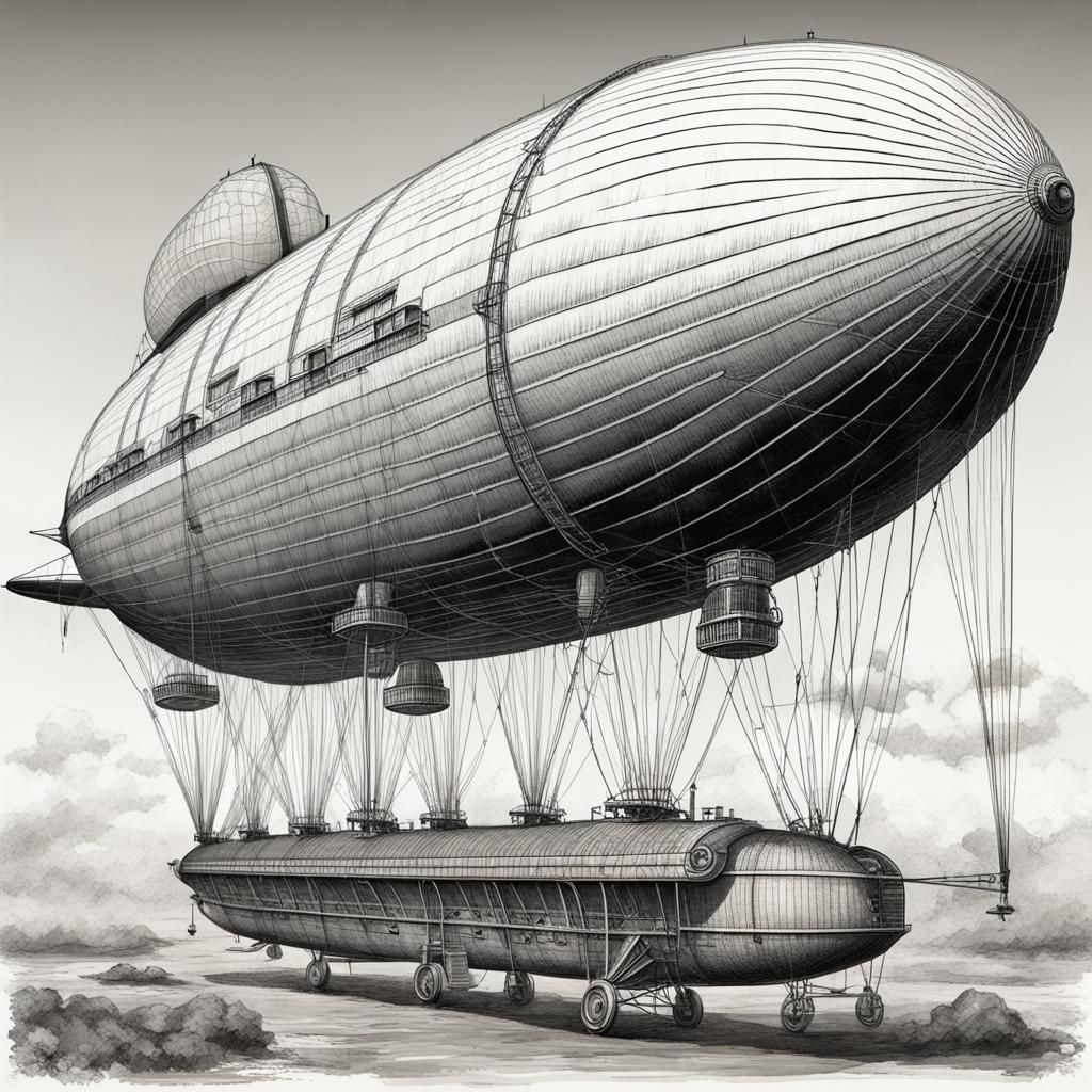 Vintage White long ZEPPELIN AIRSHIP, detailed BW drawing 3D - AI ...
