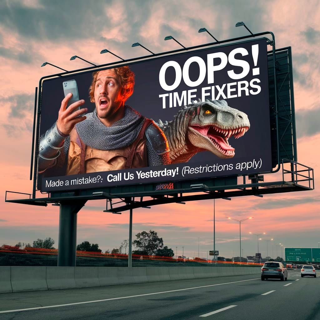 “Oops! Time Fixers” Billboard Road Sign