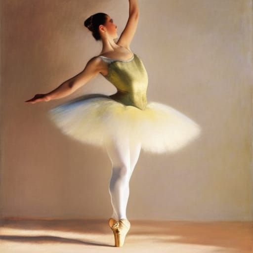 A graceful ballerina, captured mid-pose in a sun-drenched studio ...