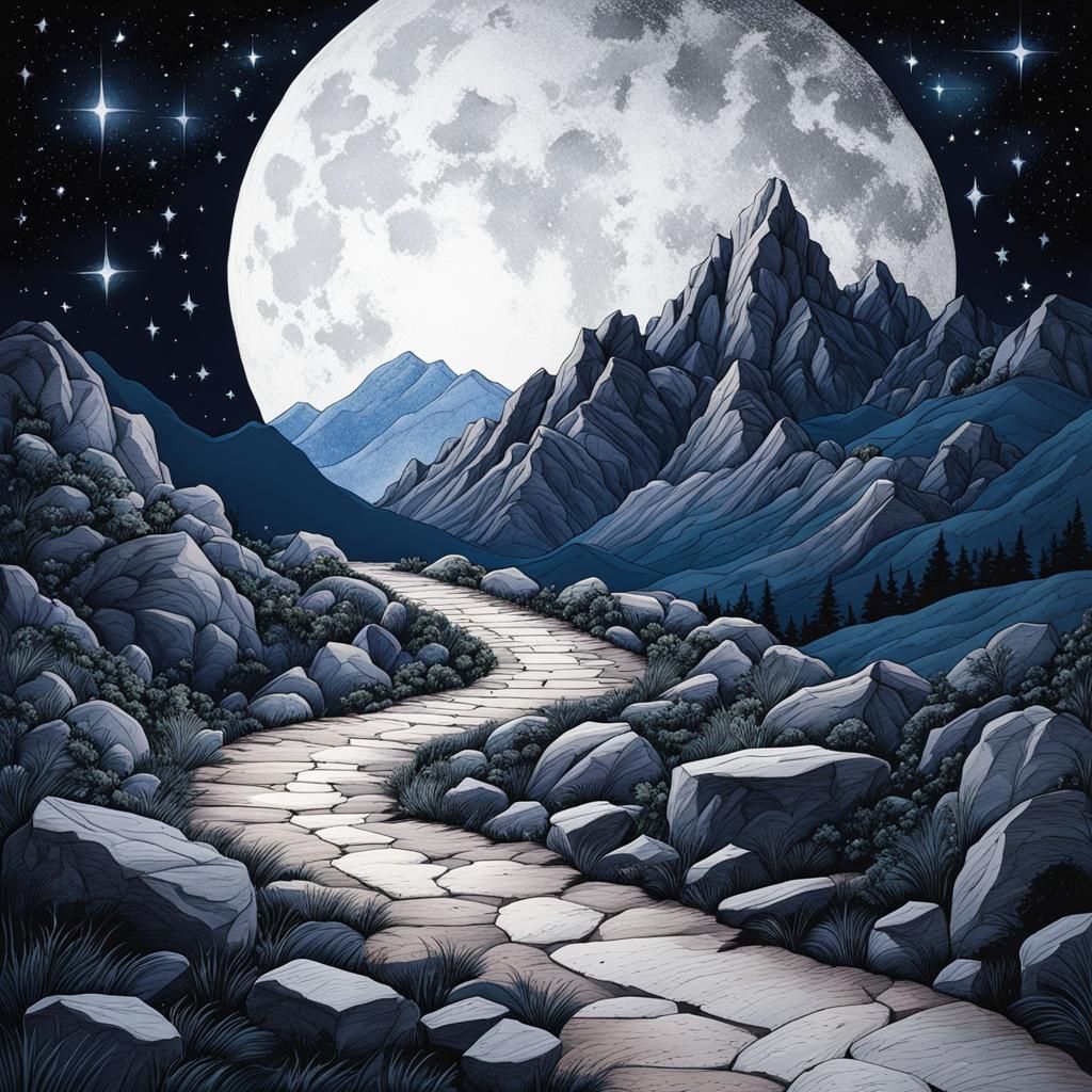A beautiful rocky path in the moonlit mountains, shimmering stars in a ...