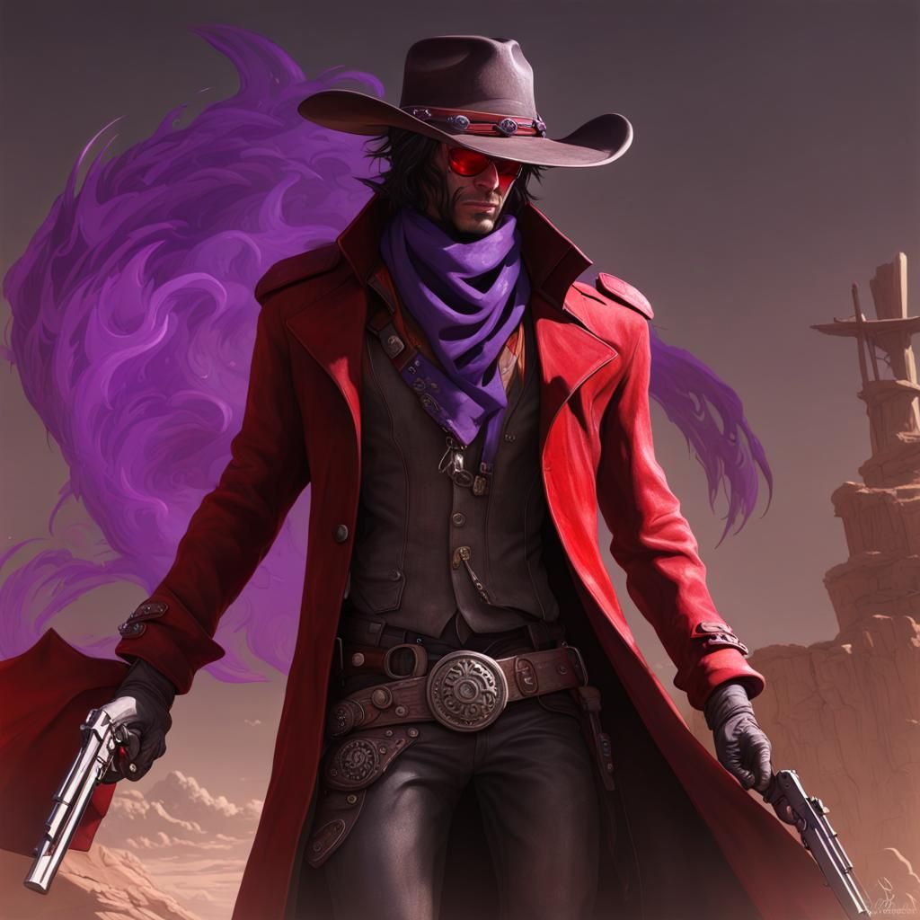 demon gunslinger blade revolvers red wind pattern trench coat duster ...