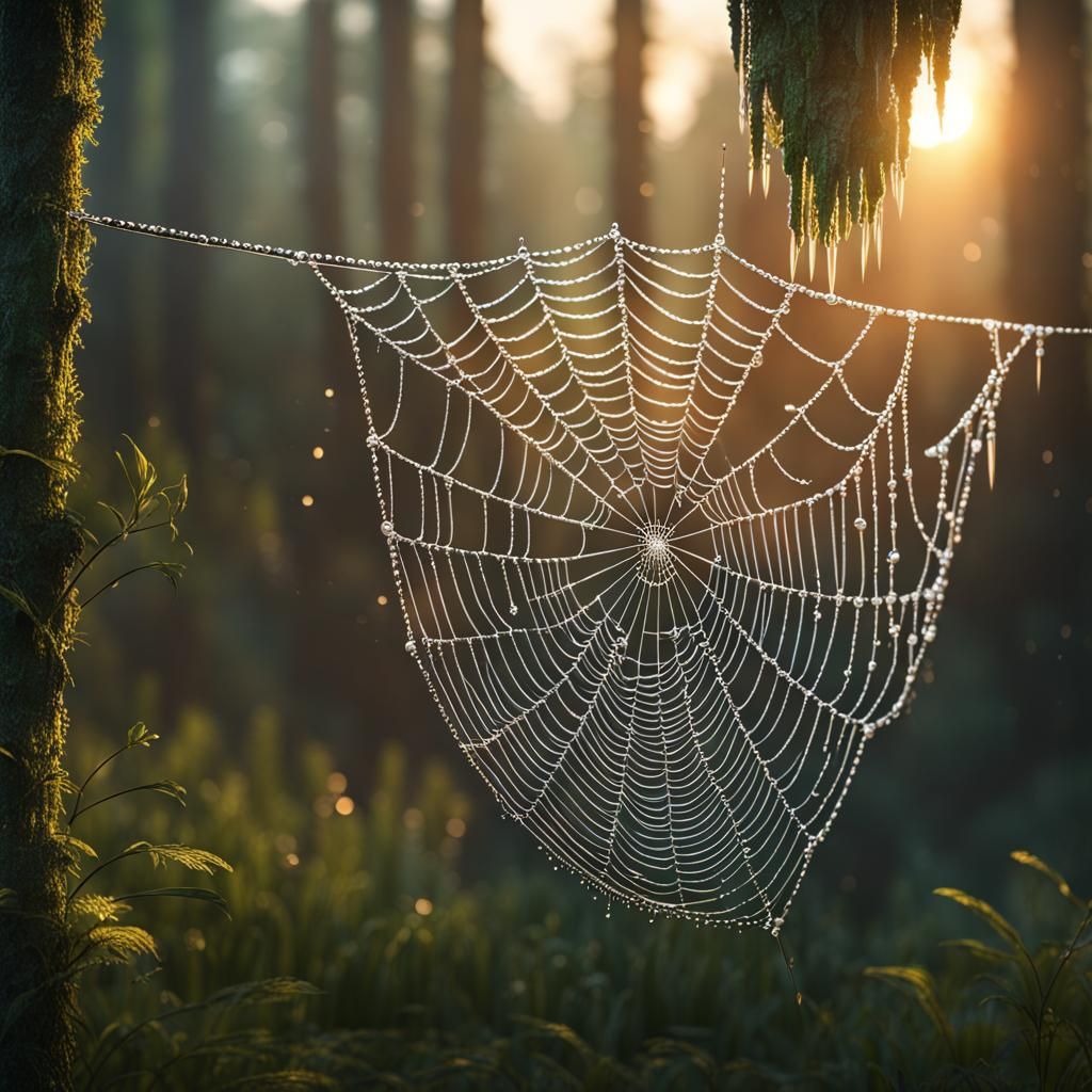 spiderweb with dew drops at sunrise in a lush forest - AI Generated ...