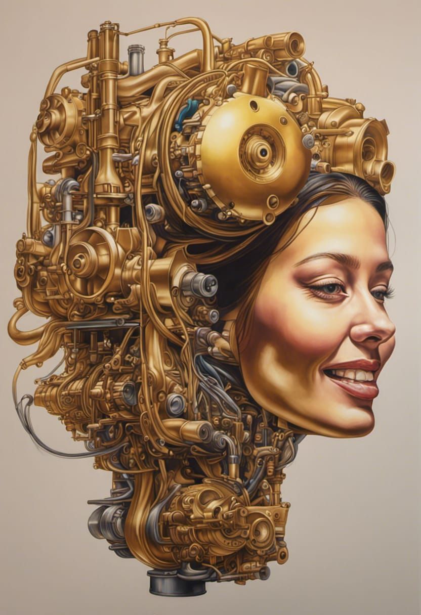 a brightly multicoloured gold and gleaming 32 cylinder engine behind a ...