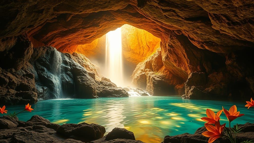 Surreal Tropical Cave Oasis in Radiant Golden Ligh... - AI Art