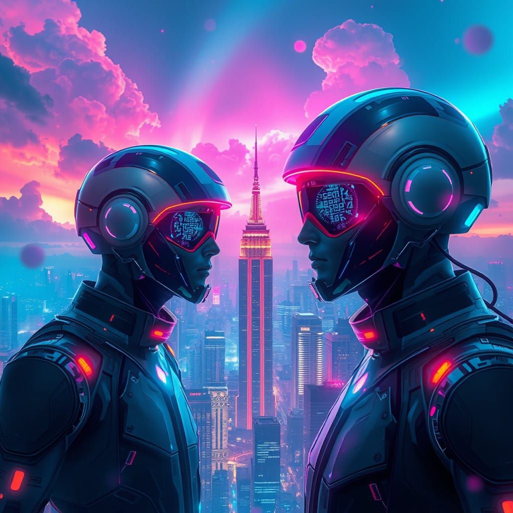 Future Humans in Neon-Lit Helmets Explore Futurist... - AI Art