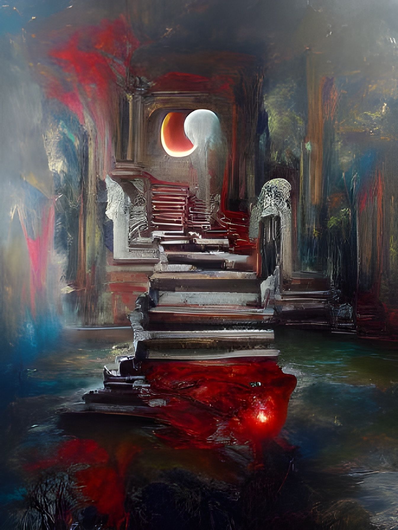 A surreal oil painting of a marble staircase leading to an abandoned ...