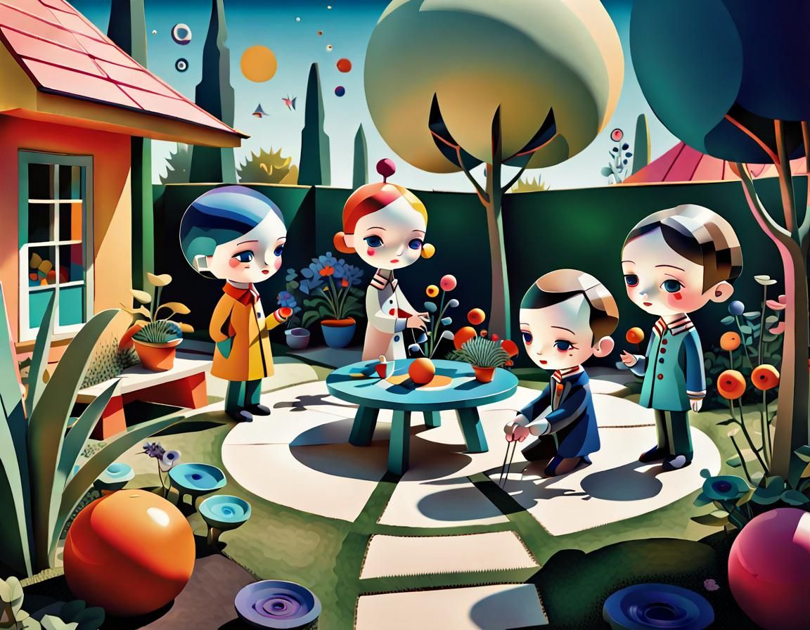 Chibis playing in the garden at the back of the cottage