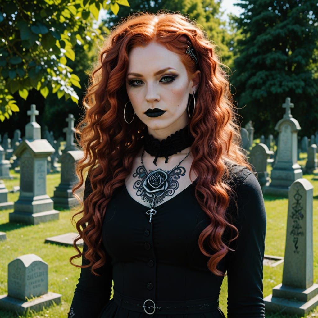 Goth Chic Goddess Amidst Cemetery Sunbeams - AI Art