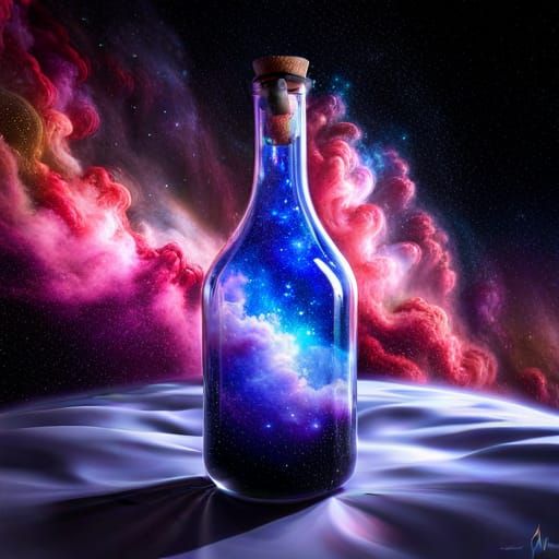 Portrait of an enchanted galactic glass and mother of pearl bottle ...