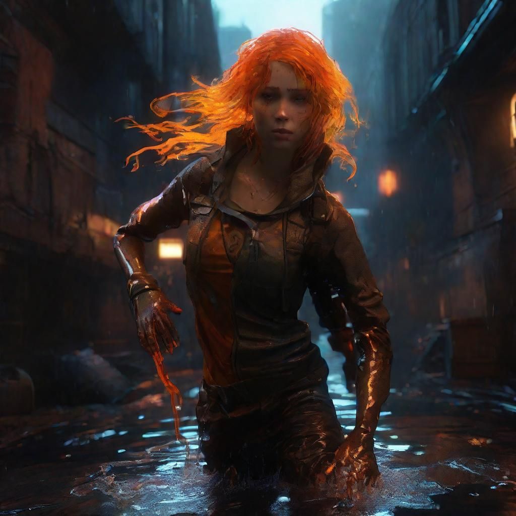 A android woman with a broken left arm liquid dripping she is climbing ...