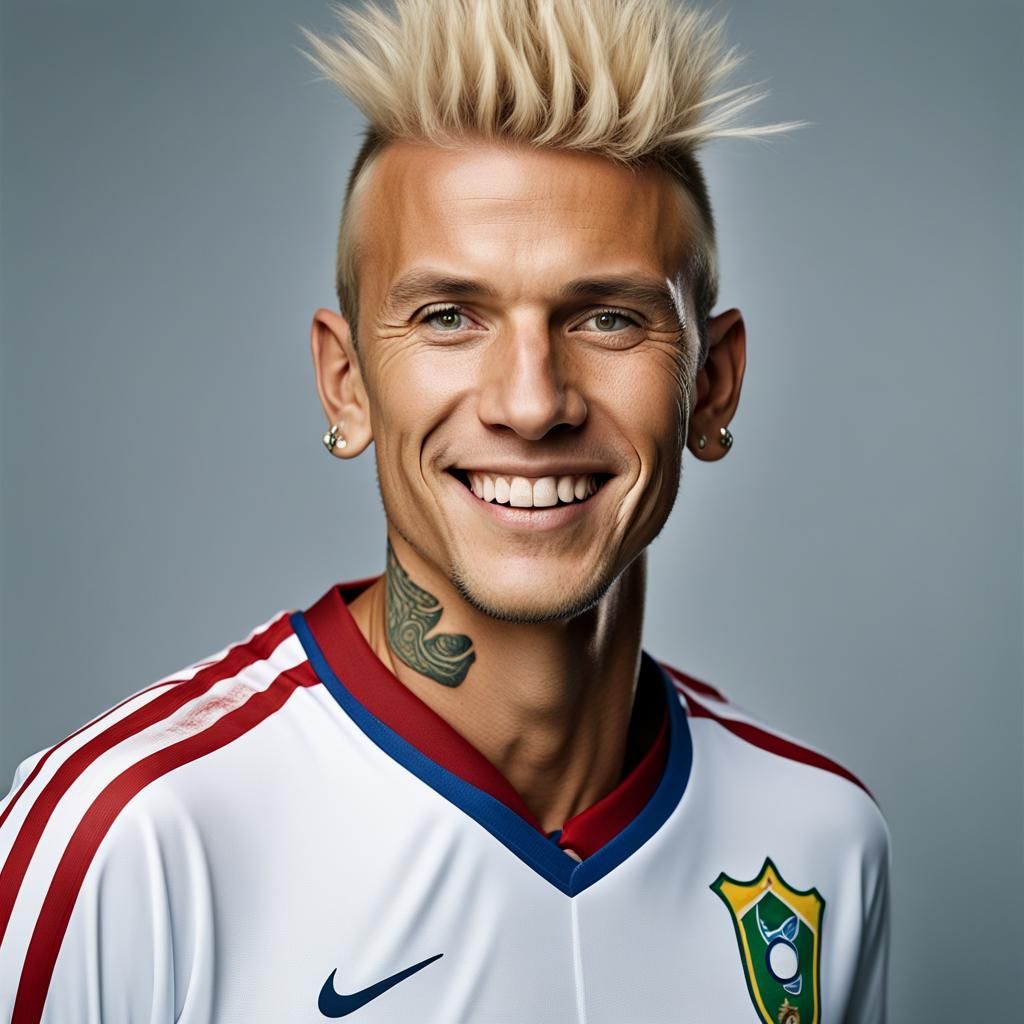 brazilian soccer player, white skin tone, tattoo in the neck, smiling ...