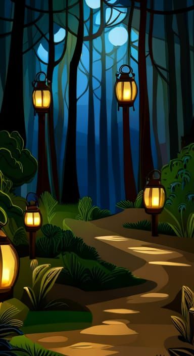 "fairy woods at night with some flower lanterns on the path ...
