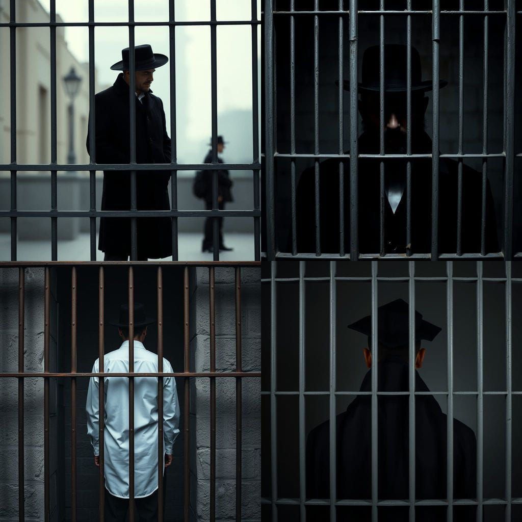Ultra-Orthodox Rabbi Silhouette Behind Bars - AI Art