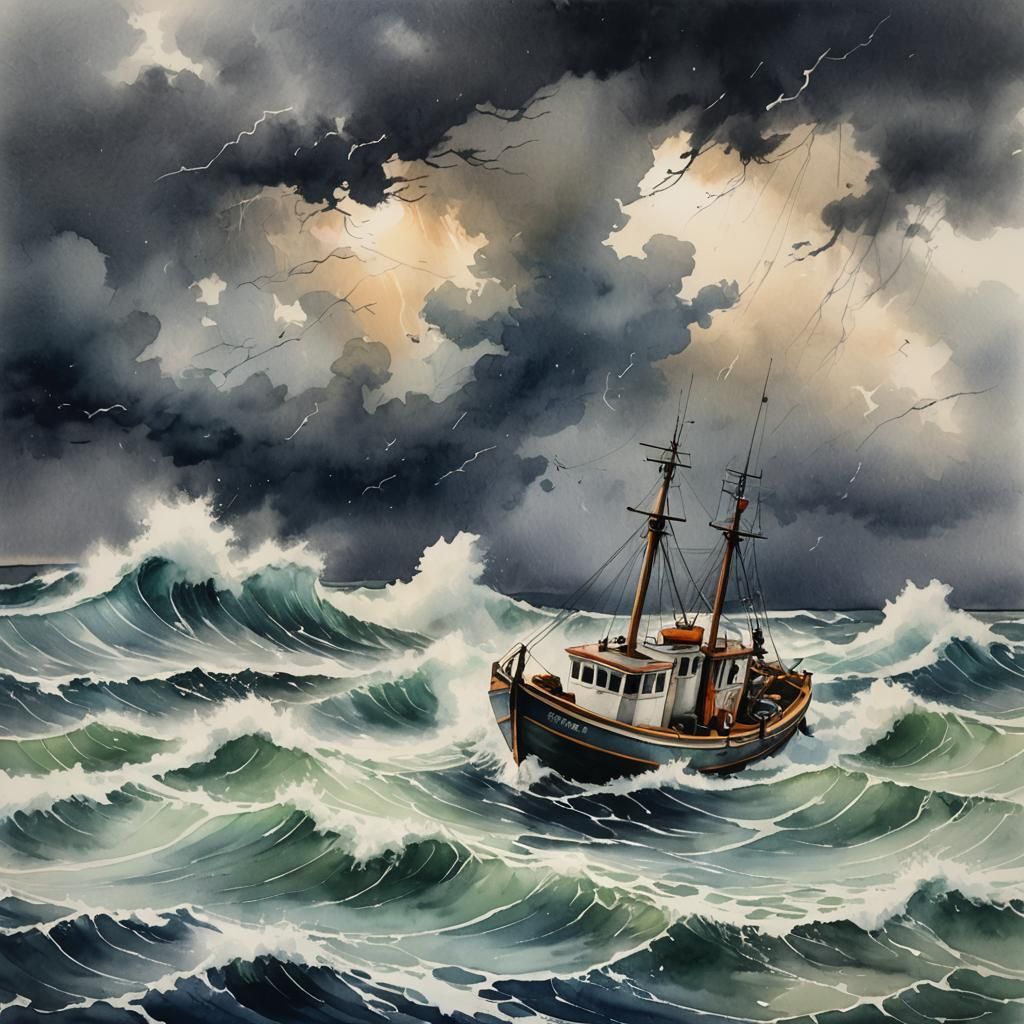 fishing boat storm watercolor epic - AI Generated Artwork - NightCafe ...