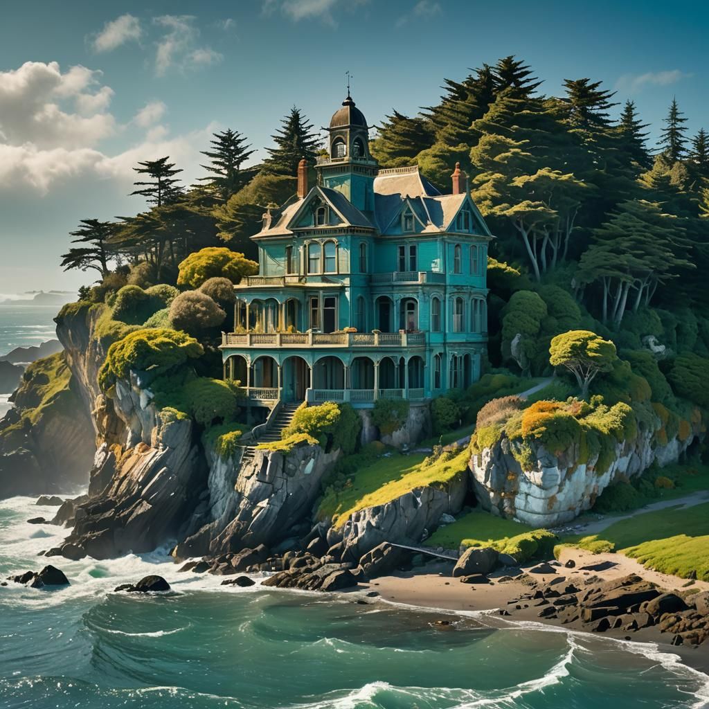 A multi-storey rickety old house on a tiny island in the middle of the ...