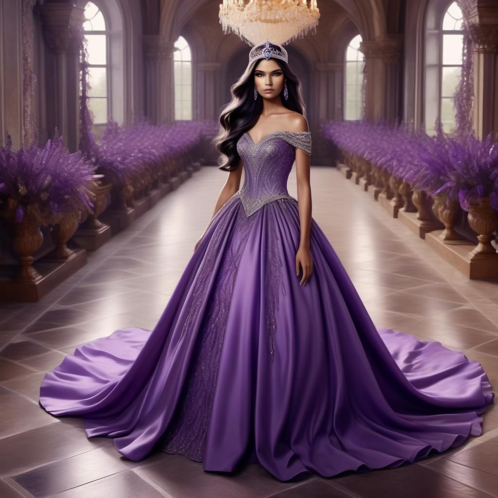 Beautiful Mare Barrow in sumptous violet gown with long train, silver ...